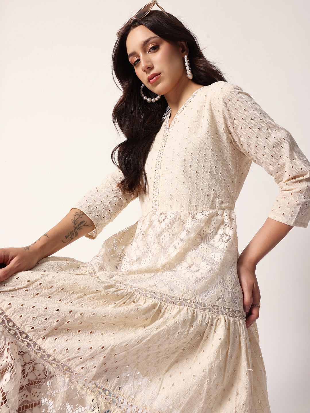 Comfy OffWhite Cotton Shiffly with embroidery Tiered dress