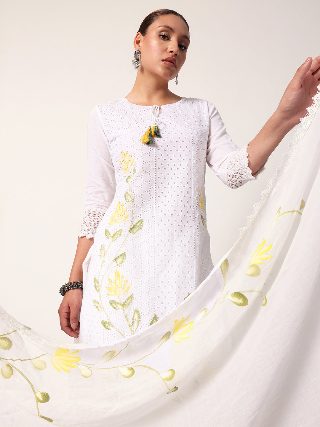 Graceful White cotton shiffly hand painted straight fit kurta set with