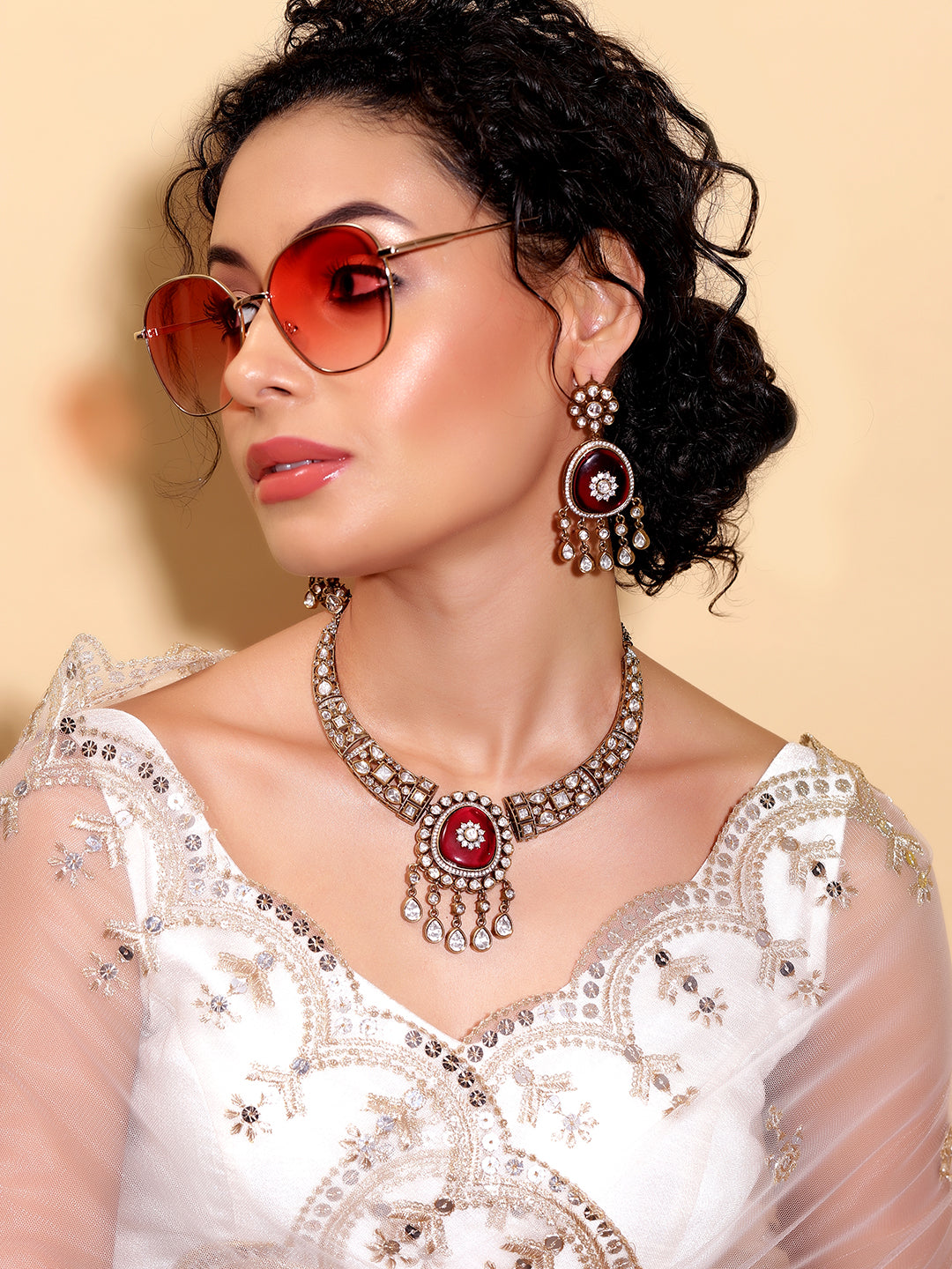 Buy Ishin Red Colour Gold Plated Jewellery set