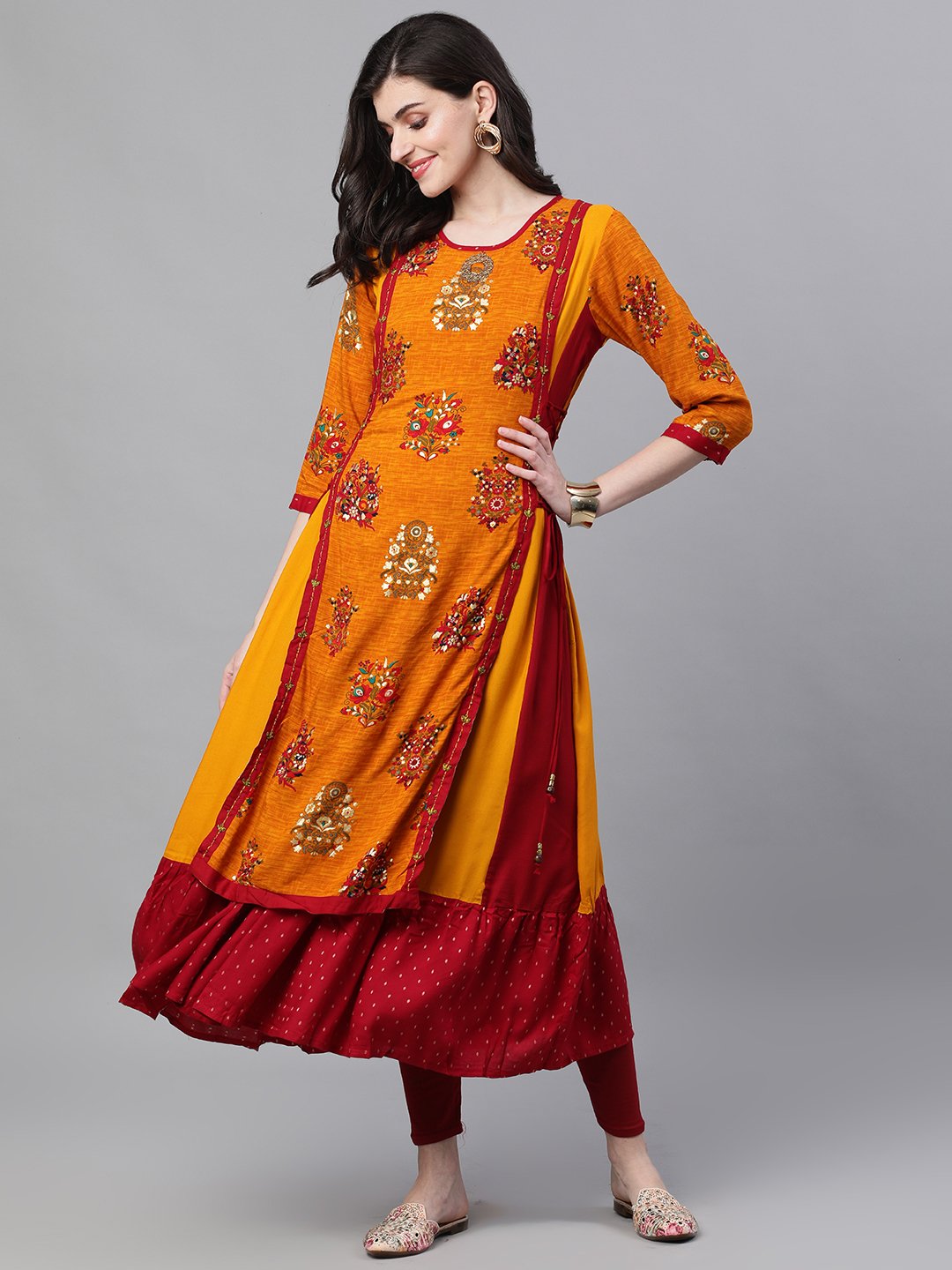 Buy Ishin Women's Rayon Orange & Maroon Embellished Layered High Slit ...
