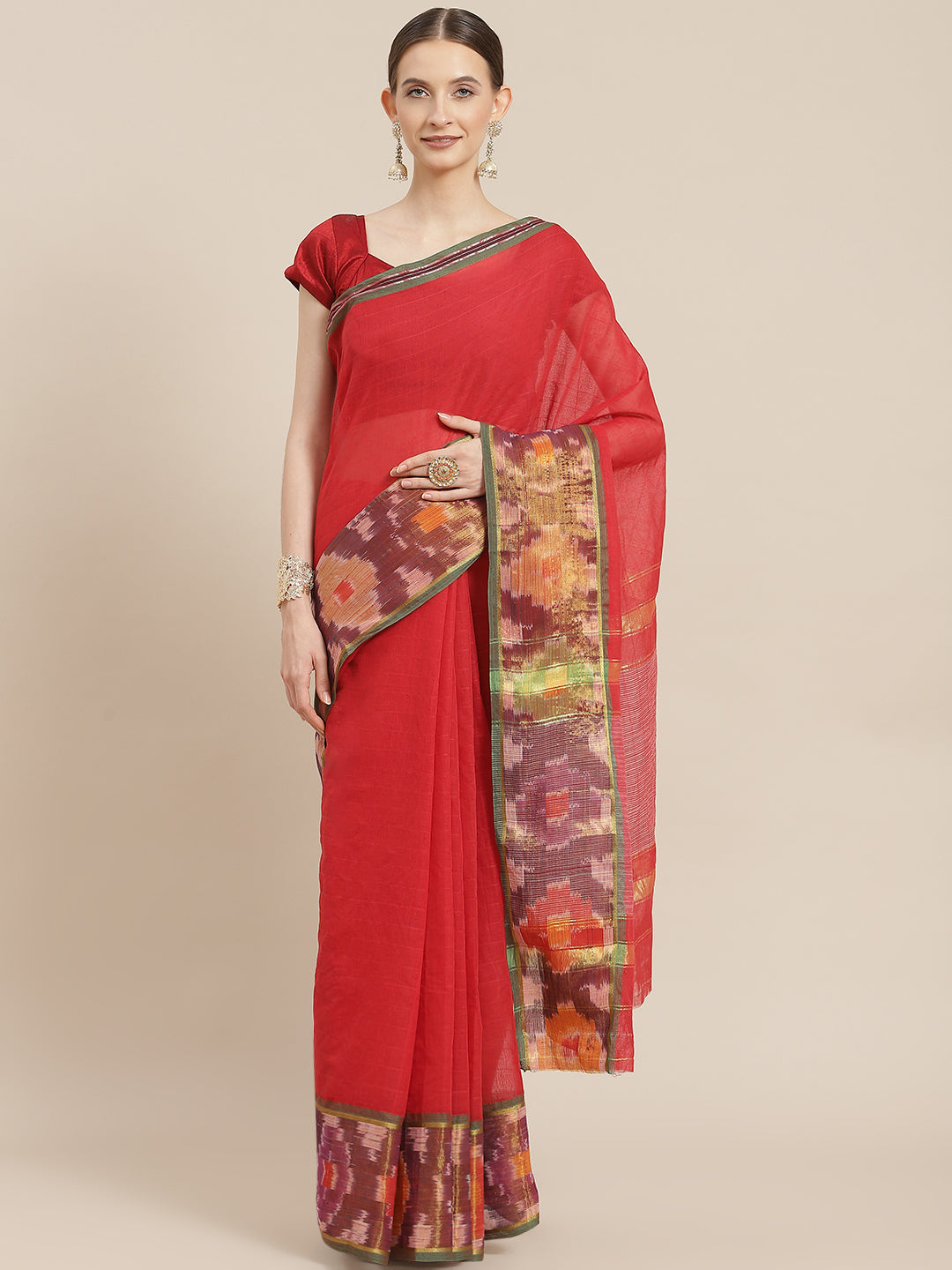 Ishin Women's Cotton Blend Red Solid Woven Pochampally Saree With Blou